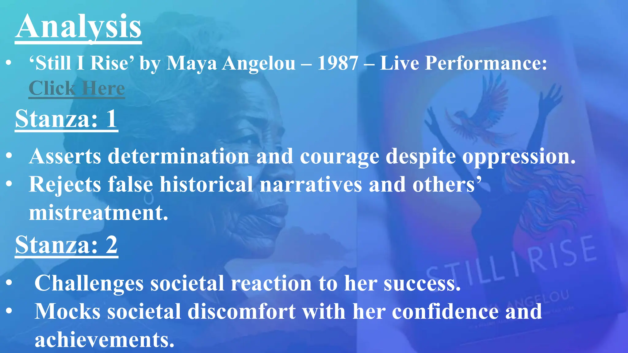 Still I Rise by Maya Angelou | Summary and Analysis | PPTX