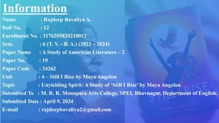 Still I Rise by Maya Angelou | Summary and Analysis | PPTX