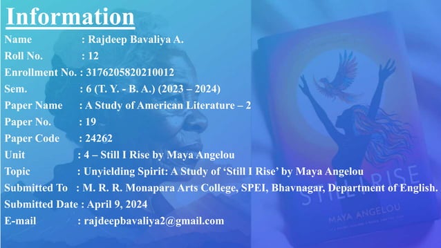 Still I Rise by Maya Angelou | Summary and Analysis | PPTX | Poetry ...