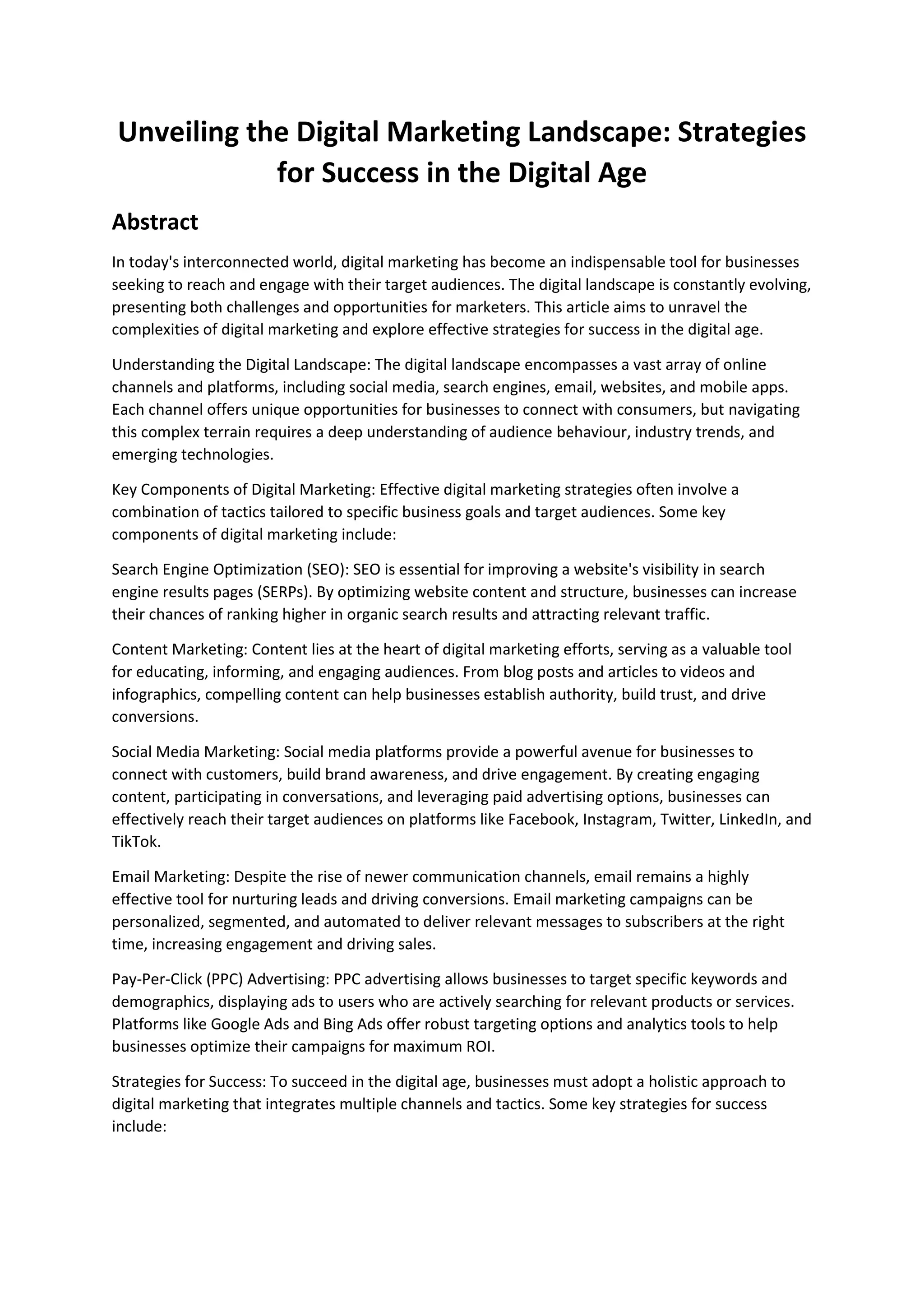 Unveiling the Digital Marketing Landscape: Strategies for Success in the Digital Age | PDF