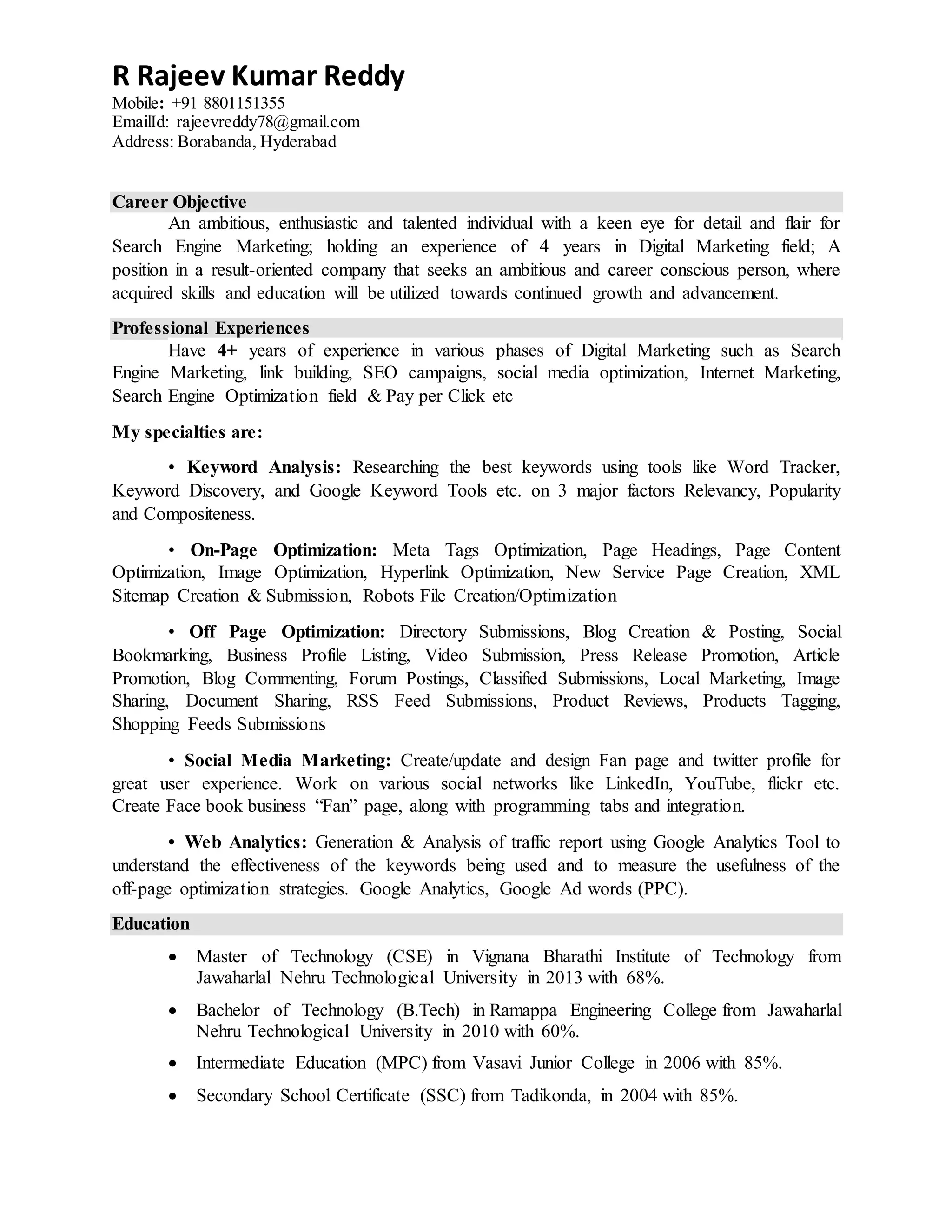 Rajeev digital marketing resume | DOCX | Search | Internet