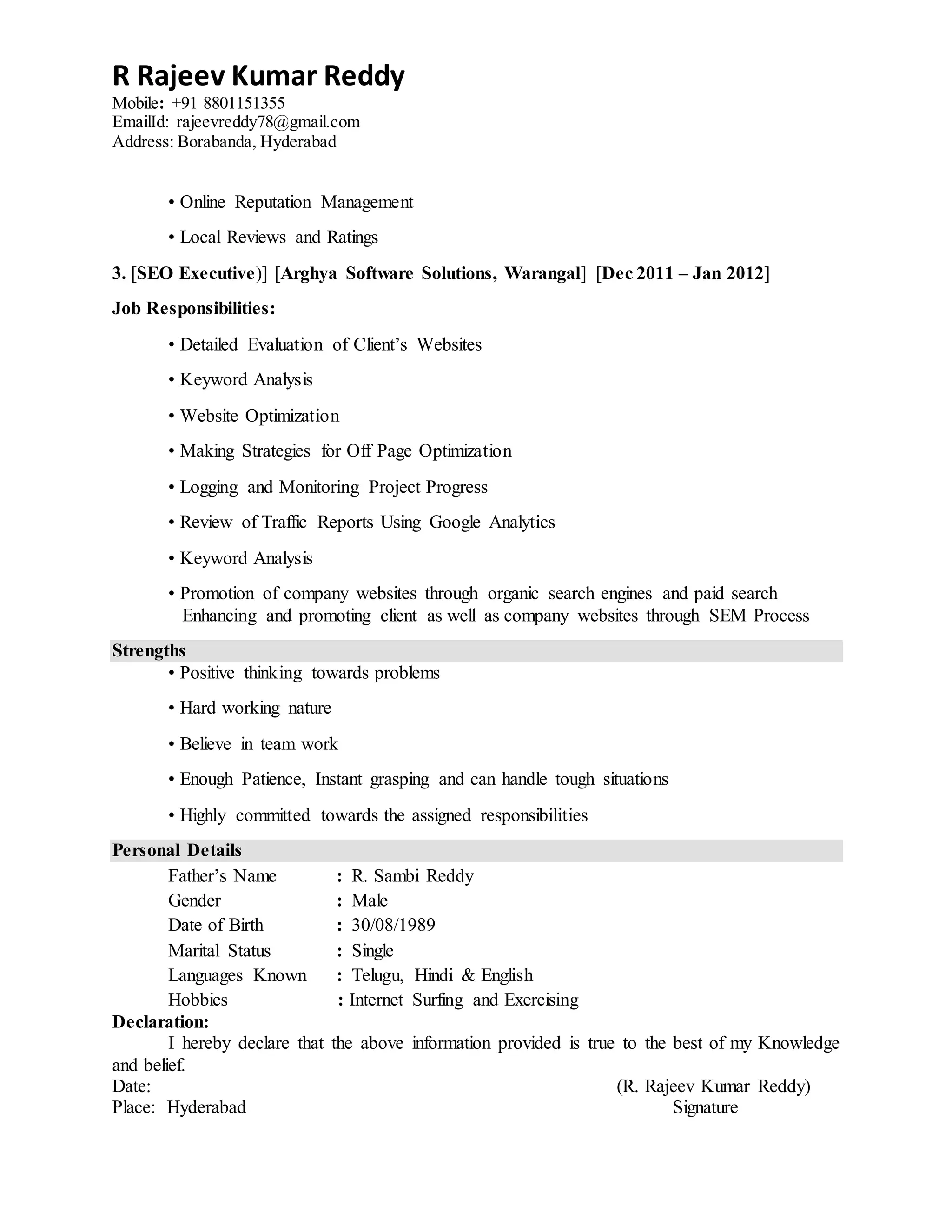 Rajeev digital marketing resume | DOCX | Search | Internet