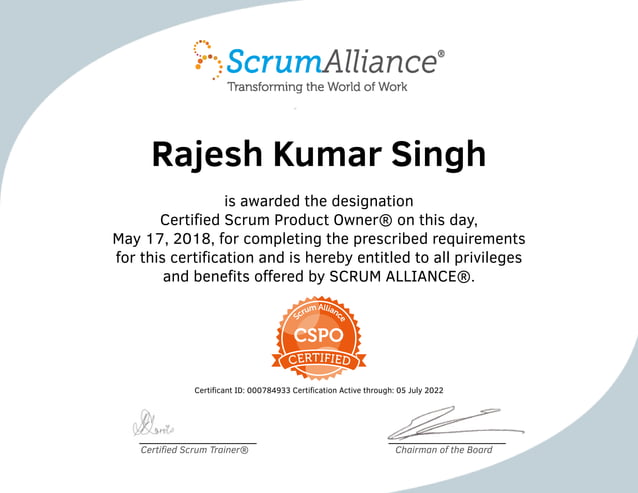 Rajesh kumar singh scrum alliance-cspo_certificate_renewed | PDF