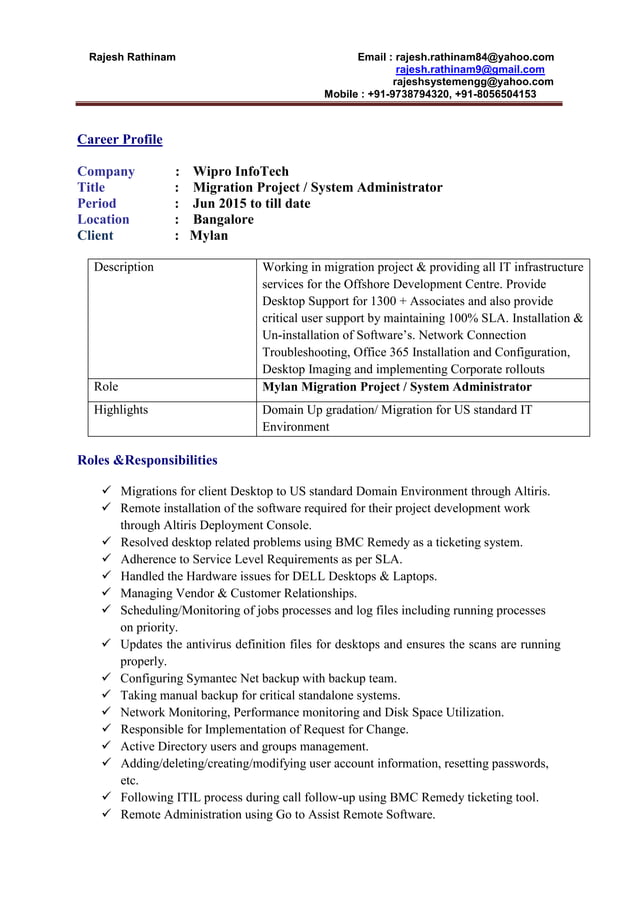 Rajesh update resume in wipro | PDF