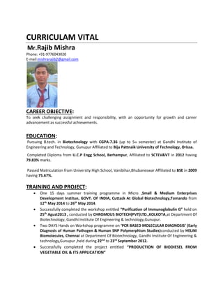 Rajib mishra (cv) | DOCX | Biotech and Biomedical Industry | Industries