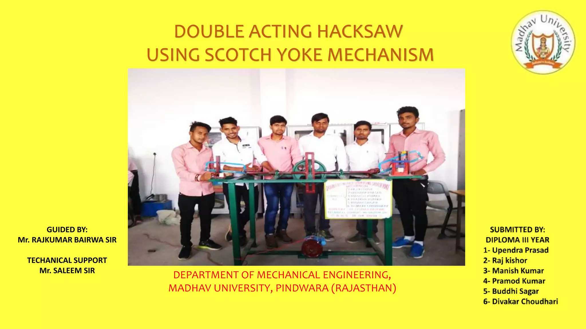 Double Acting hacksaw using Scotch Mechanism Machine ppt | PPT