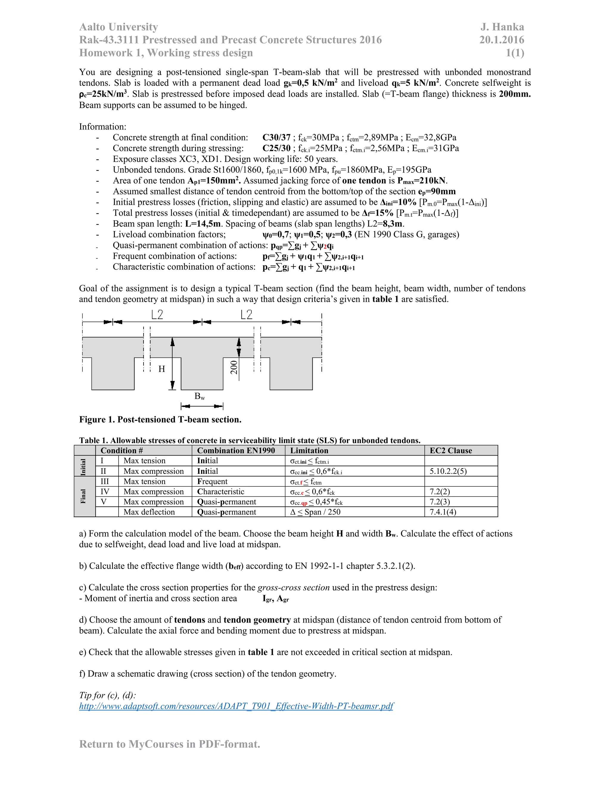 Prestressed concrete Course assignments, 2016 | PDF