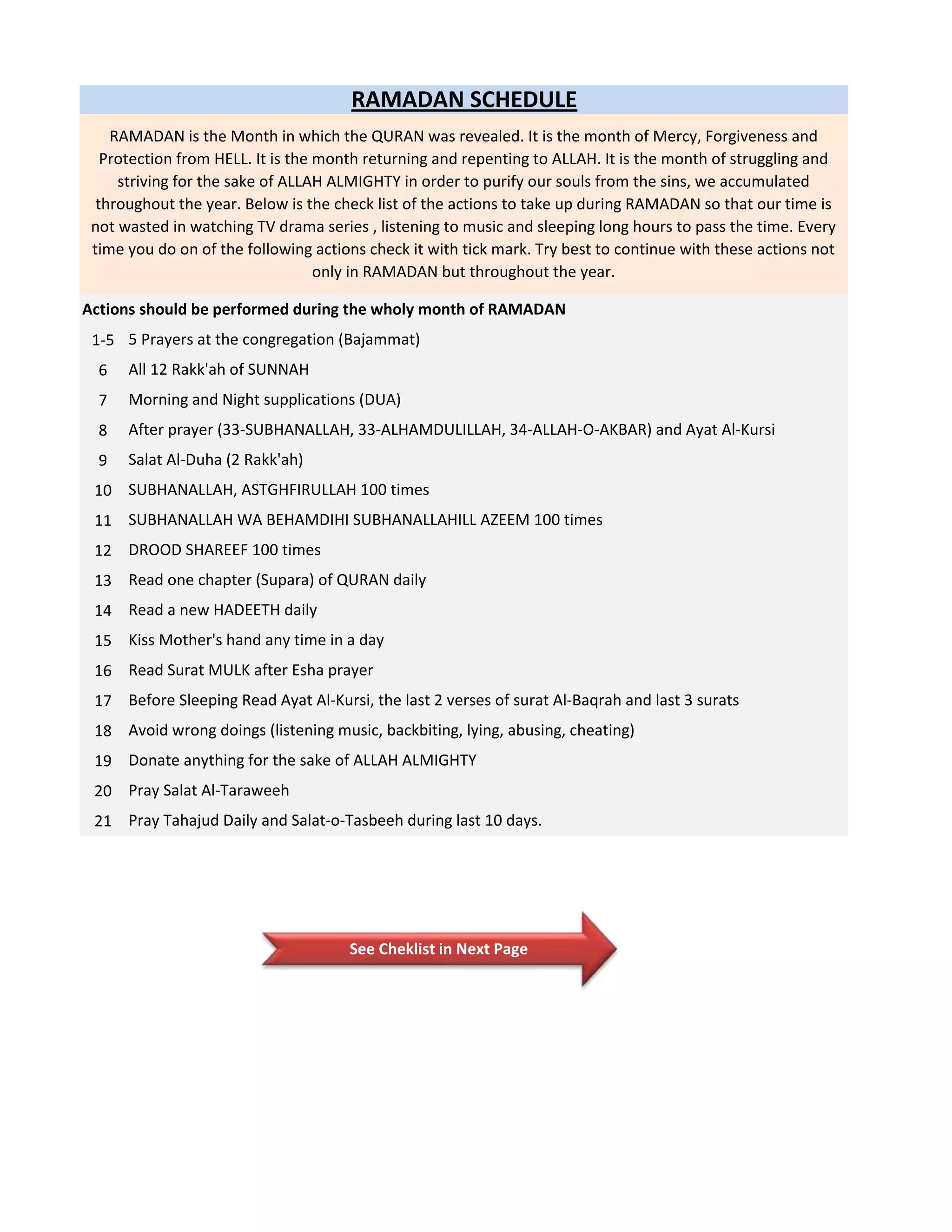 Ramadan checklist (print form) | PDF | Islam | Religion & Spirituality