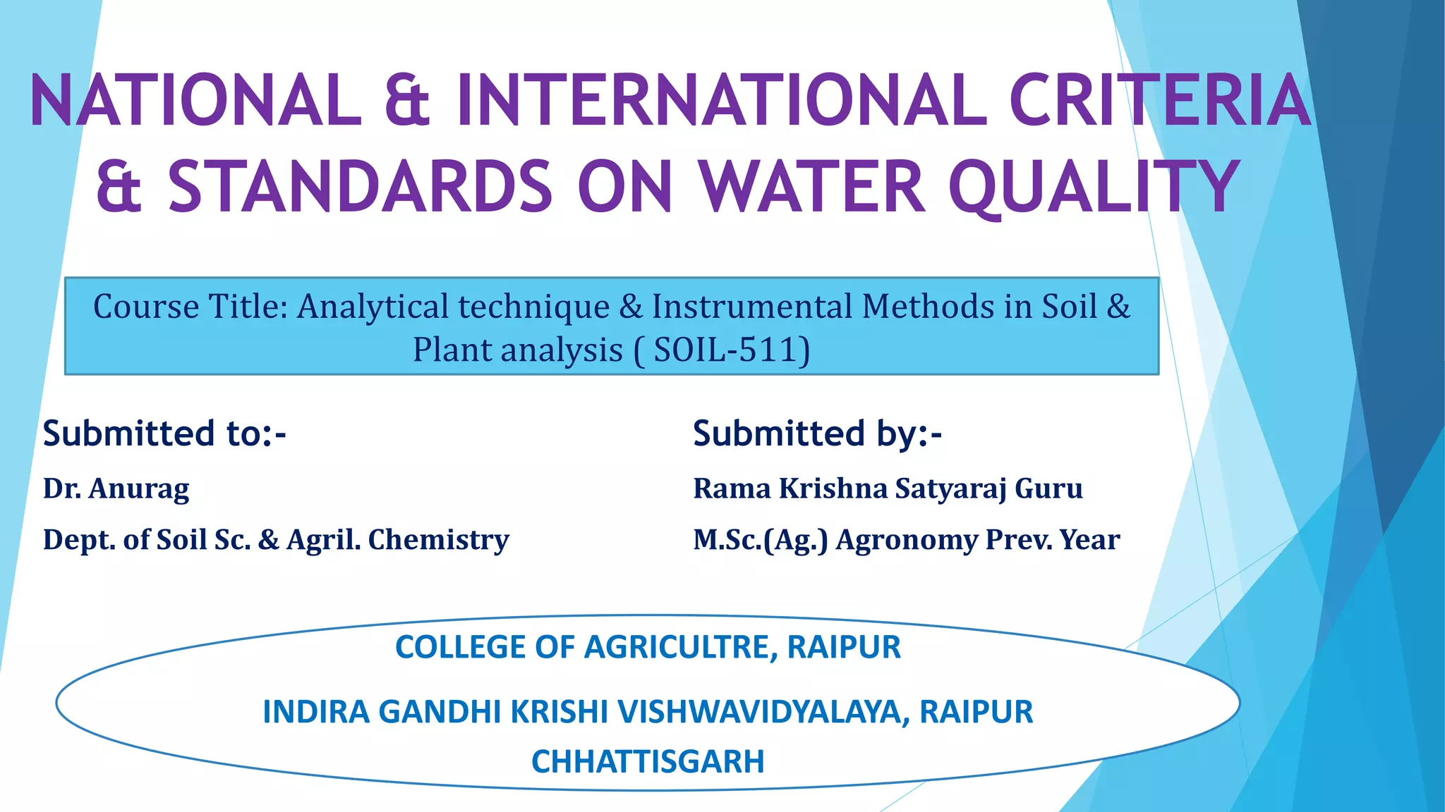 National and International Criteria and Standards on Water Quality | PPTX