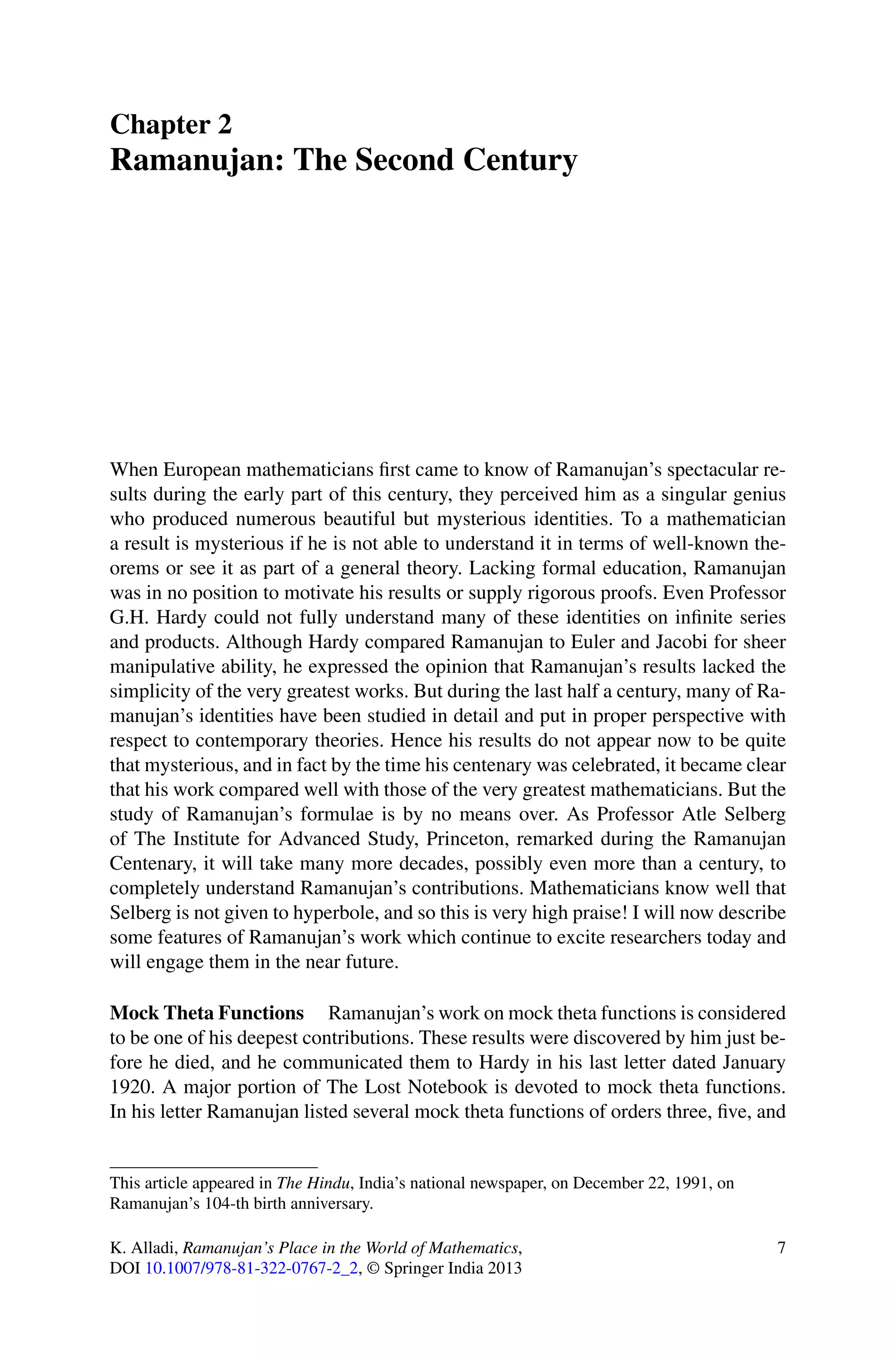 Ramanujan's place in the world of mathematics | PDF