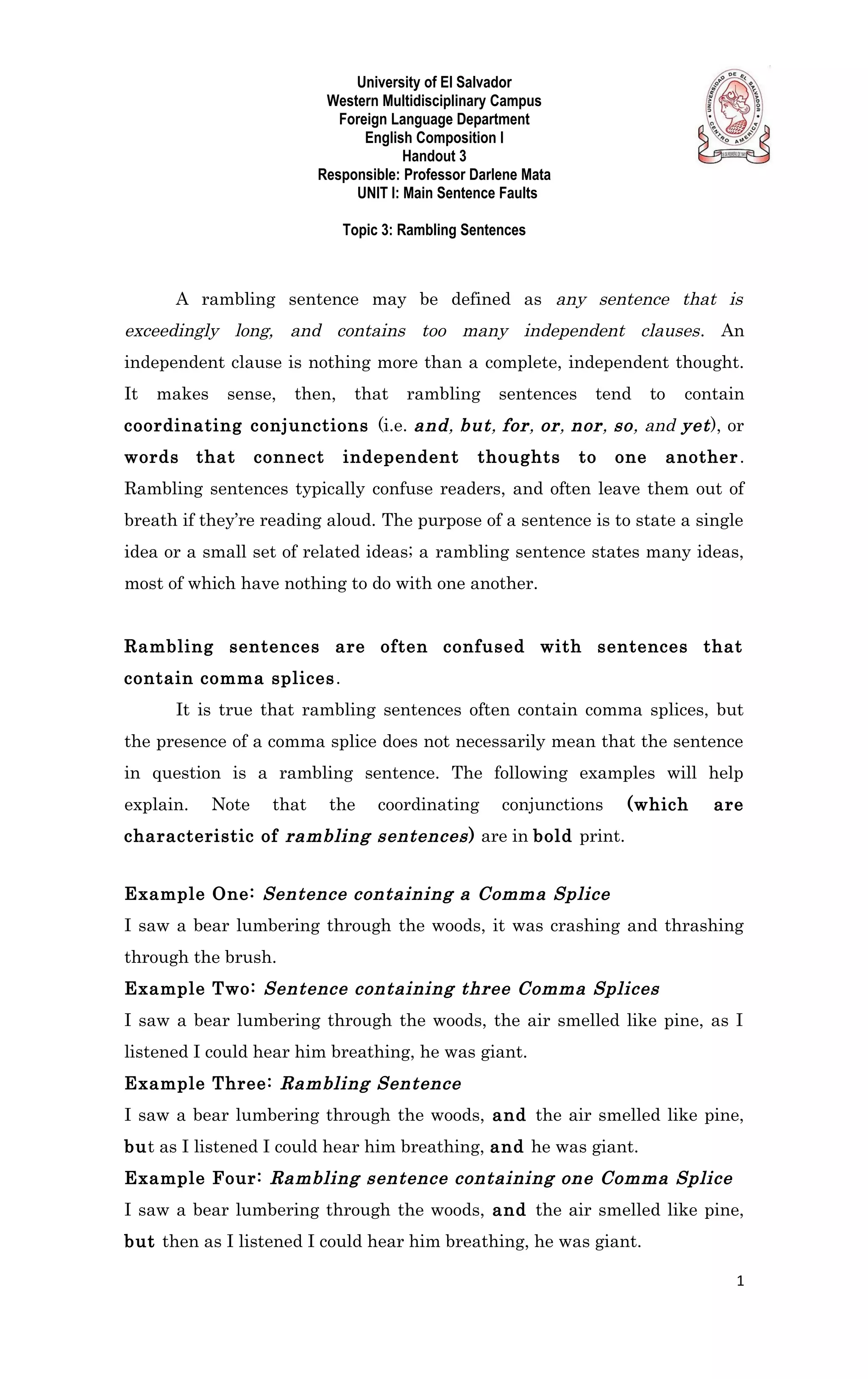 Rambling sentences handout | DOC