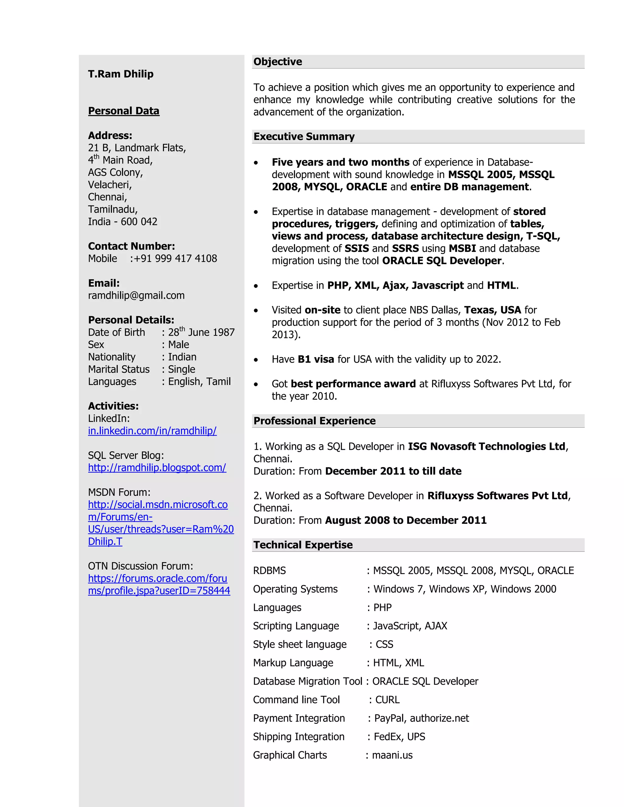 Ram Dhilip: 5.2 years Exp, SQL Server develoment, SSIS and SSRS | PDF