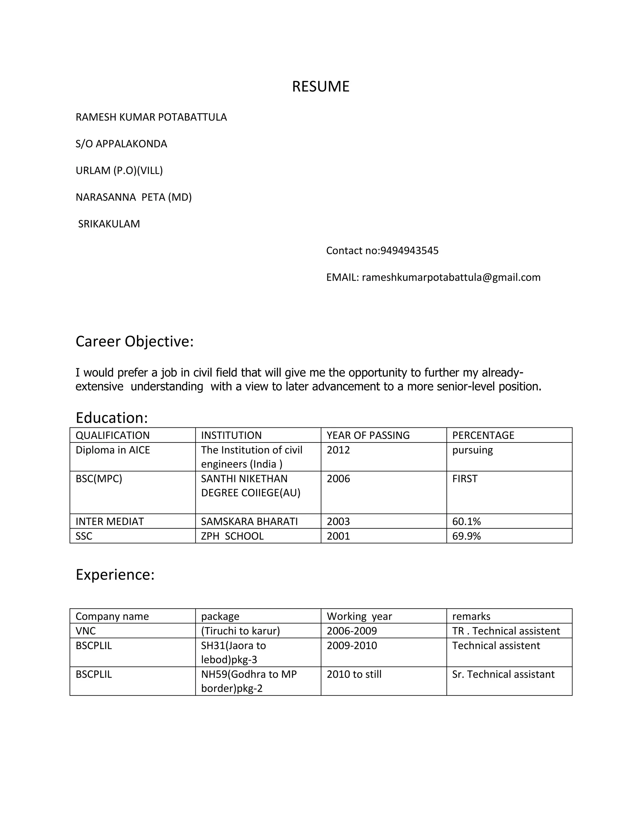 Ramesh resume | DOCX | Civil Engineering Industry | Industries