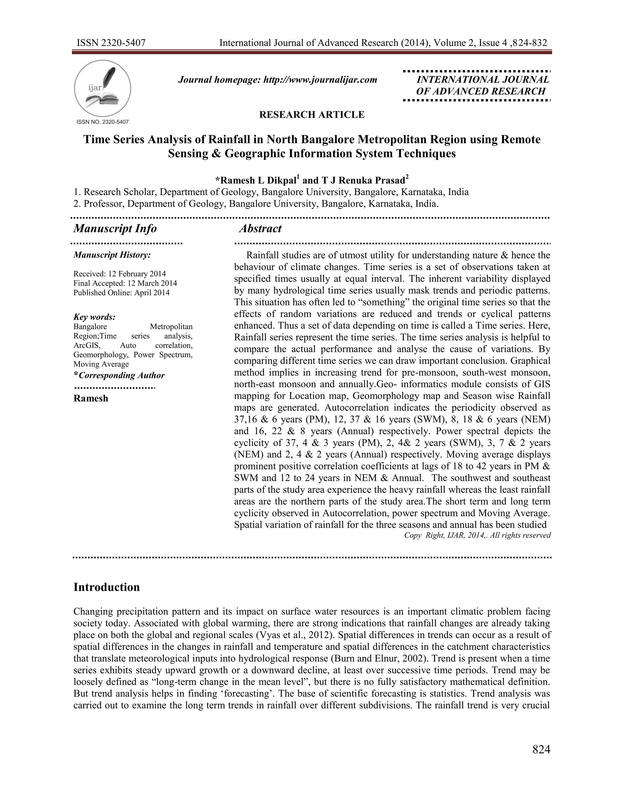 Time Series Analysis of Rainfall in North Bangalore Metropolitan Region using Remote Sensing ...
