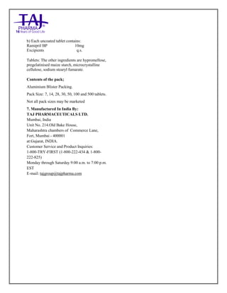 Ramipril Tablets BP 5mg, 10mg Taj Pharma PIL | PDF