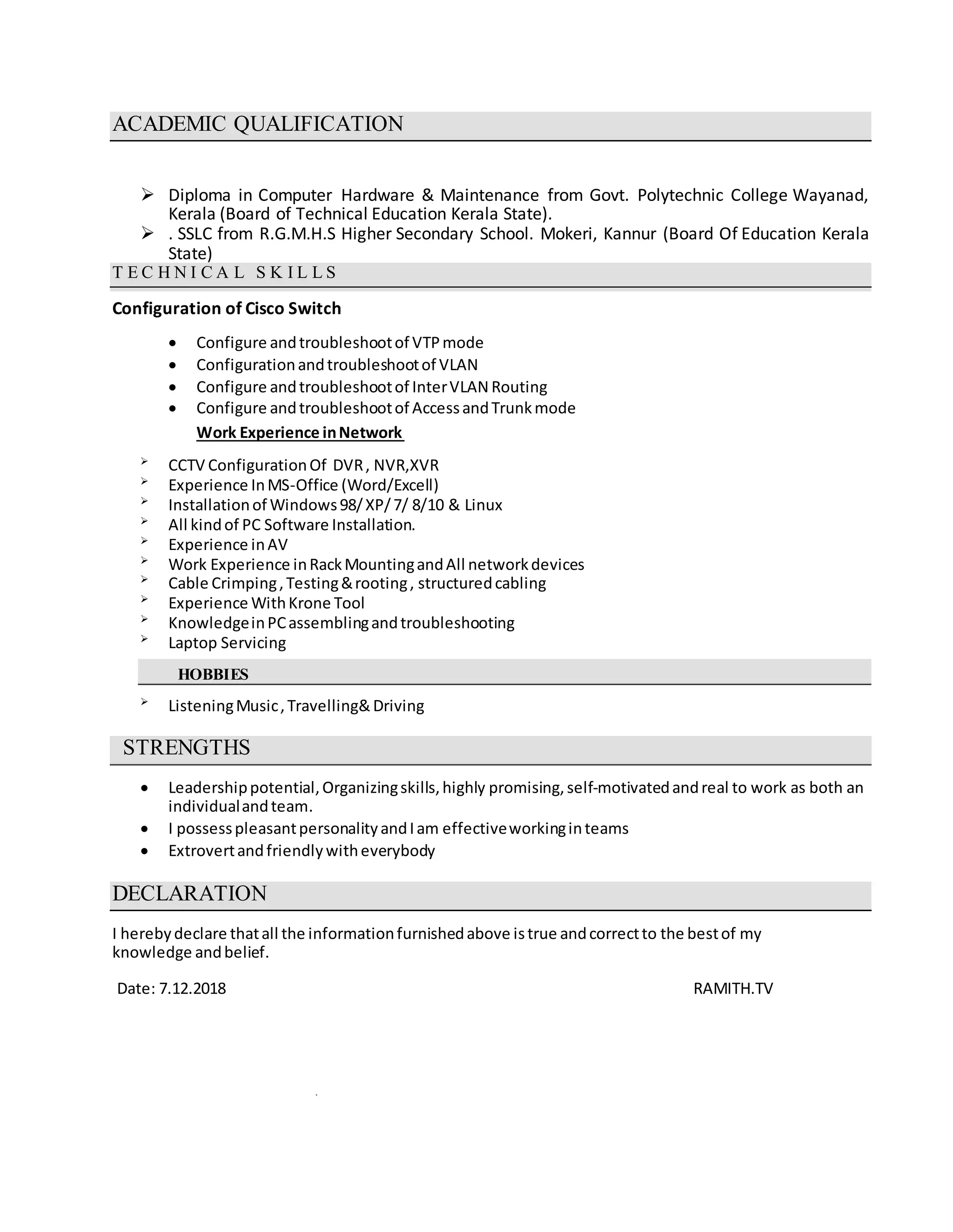 Ramith cv | DOCX | Computer Networking | Computing