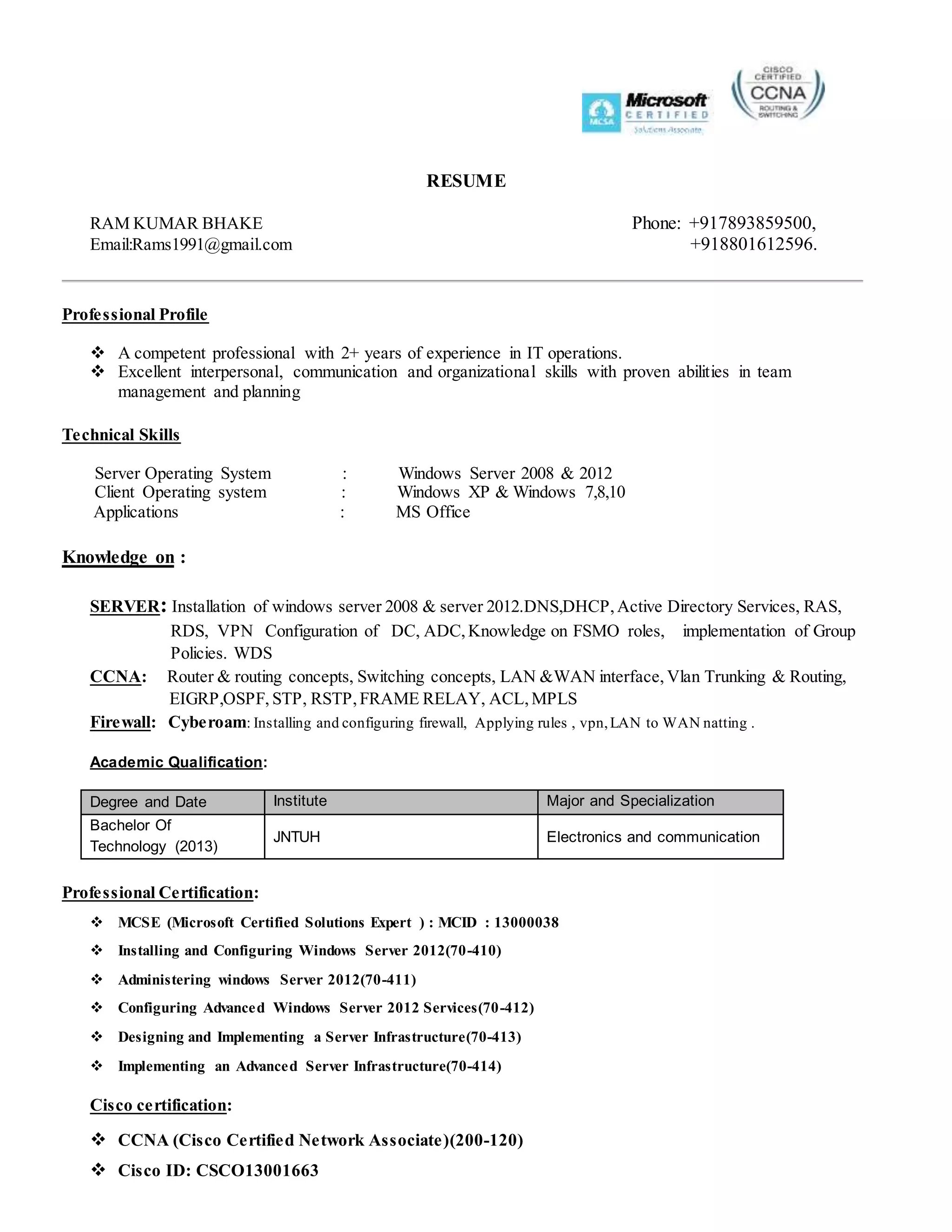Ram kumar resume | DOCX | Computer Networking | Computing