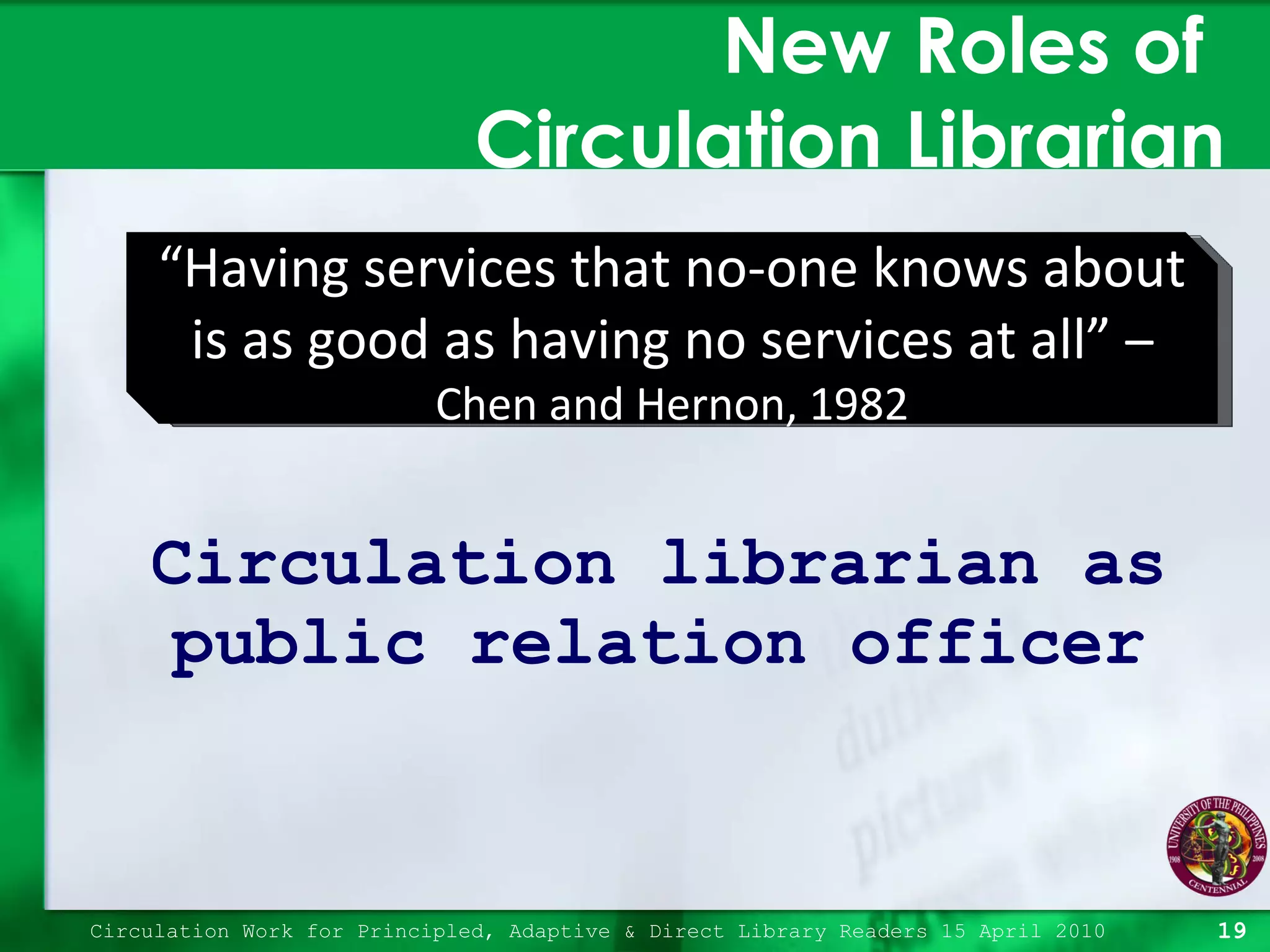 Circulation Work for Principled, Adaptive and Direct Library Readers | PPT