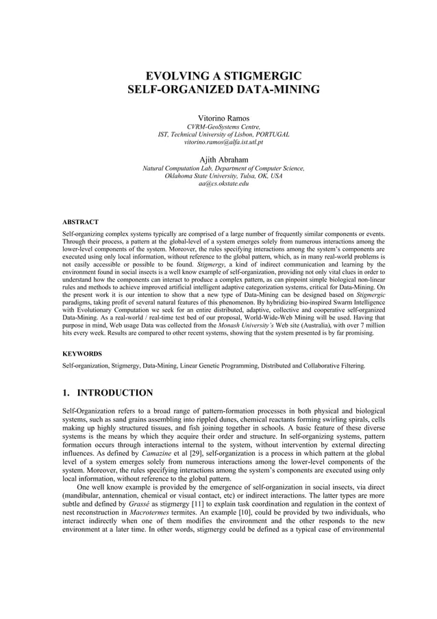 Ramos, v: evolving a stigmergic self organised datamining | PDF