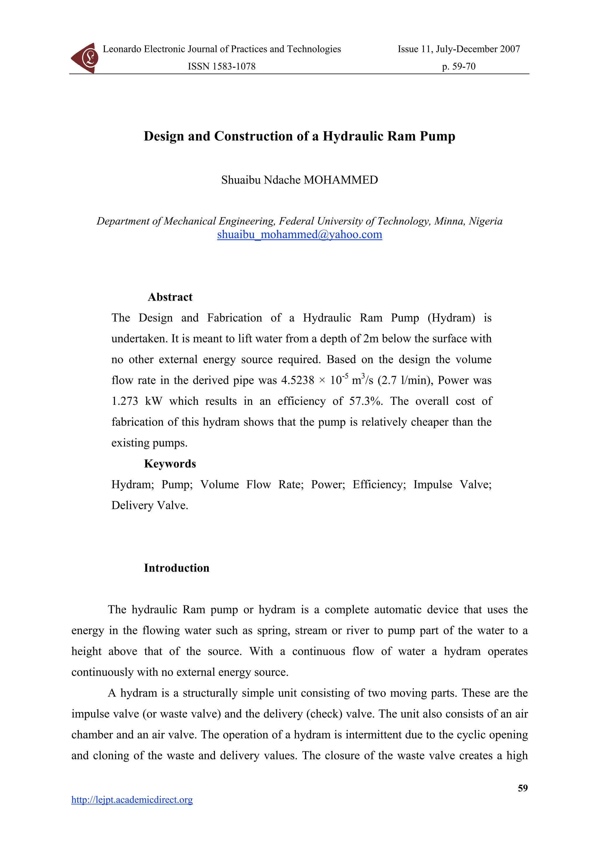 Design and Construction of a Hydraulic Ram Pump; by Shuaibu Ndache ...