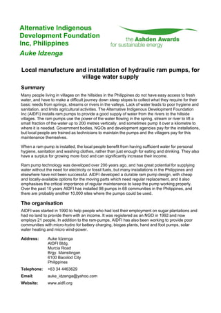 Local Manufacture and Installation of Hydraulic Ram Pumps, for Village ...