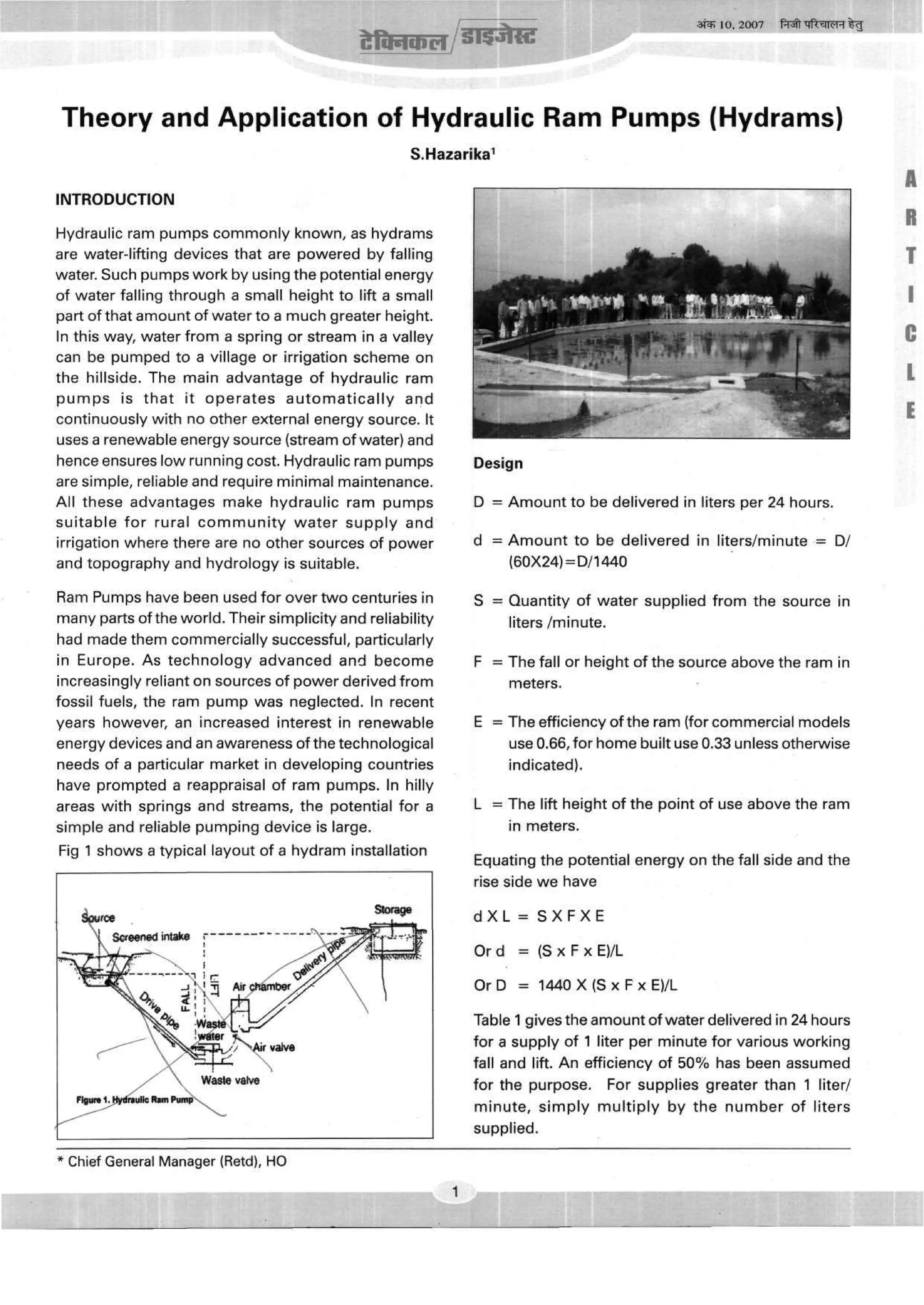 Theory and Application of Hydraulic Ram Pumps (Hydrams) - S Hazarika | PDF
