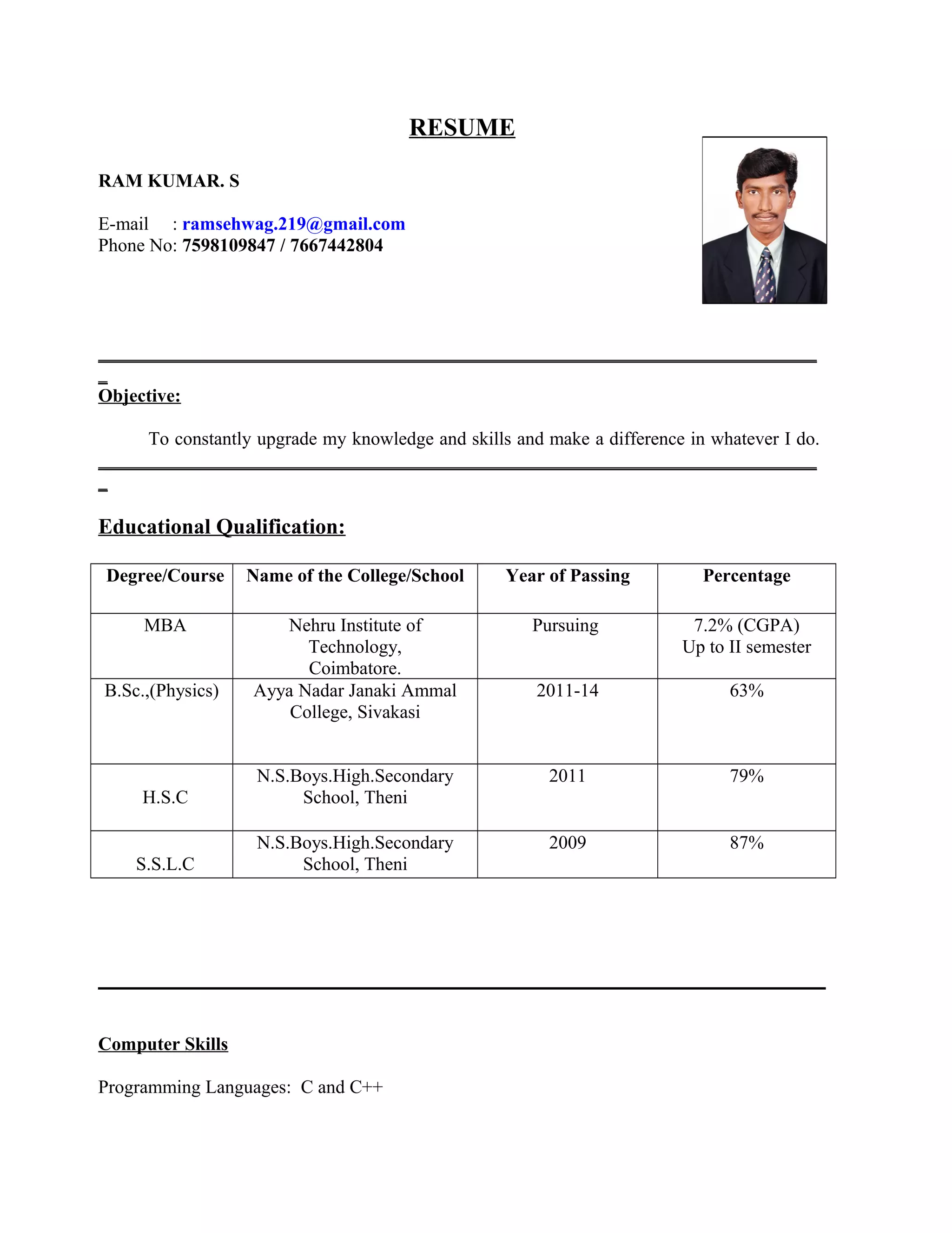 Ram resume | DOC | Business Expos & Conferences | Events