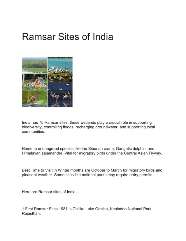 Ramsar Sites wetlands of Indian Wildlife states | PDF