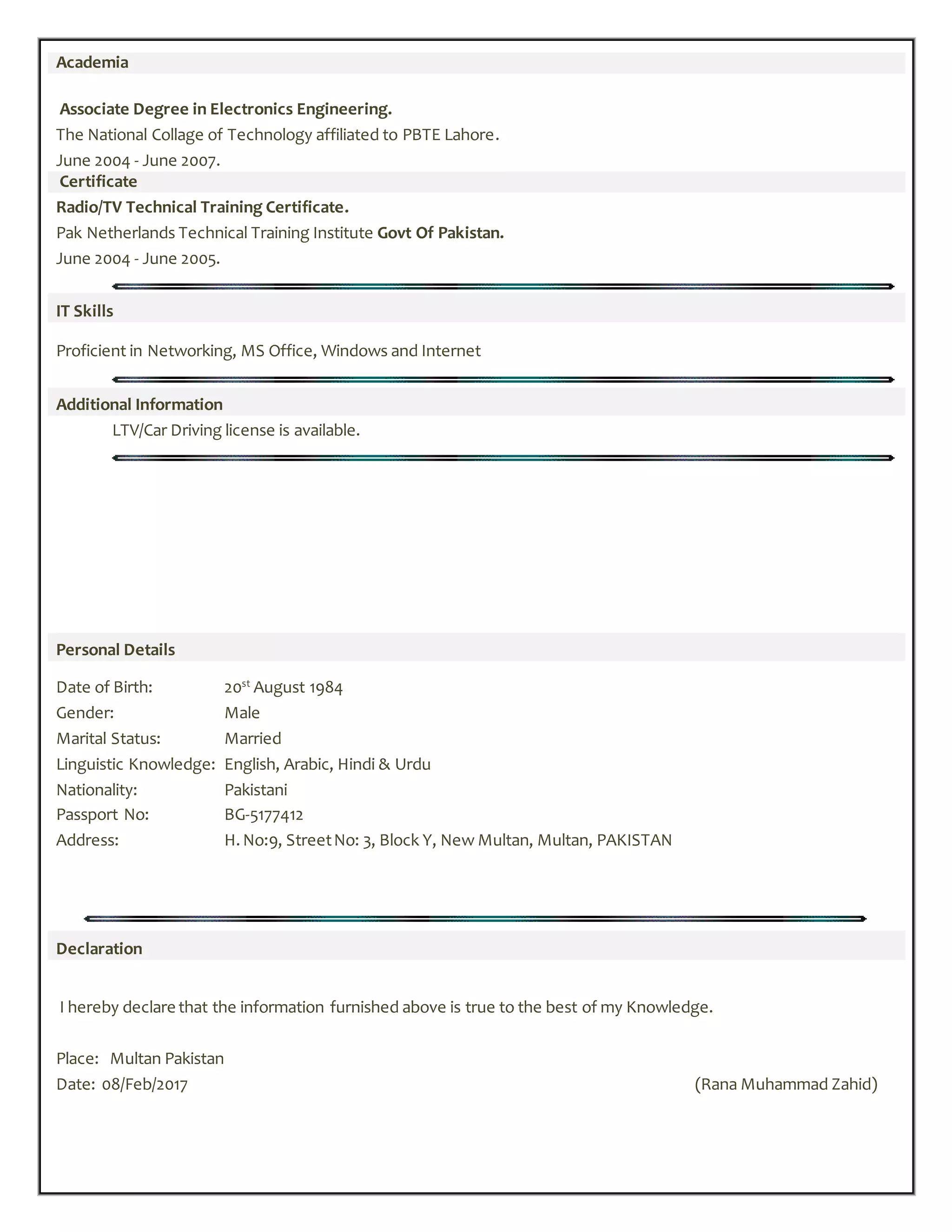 Rana muhammad z ahid cv Fire Alarm Engineer | DOCX