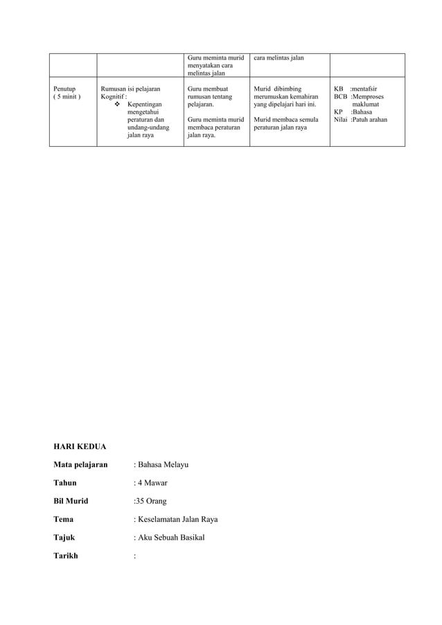 Rancangan harian bahasa melayu | DOCX