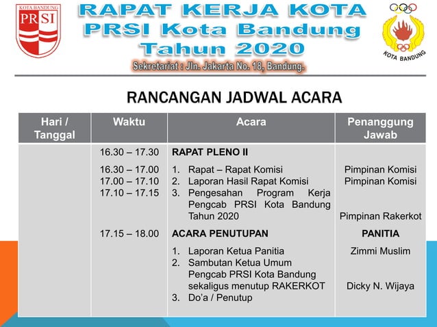 Rancangan jadwal acara Raker PRSI KOTA BANDUNG 2020 | PPTX