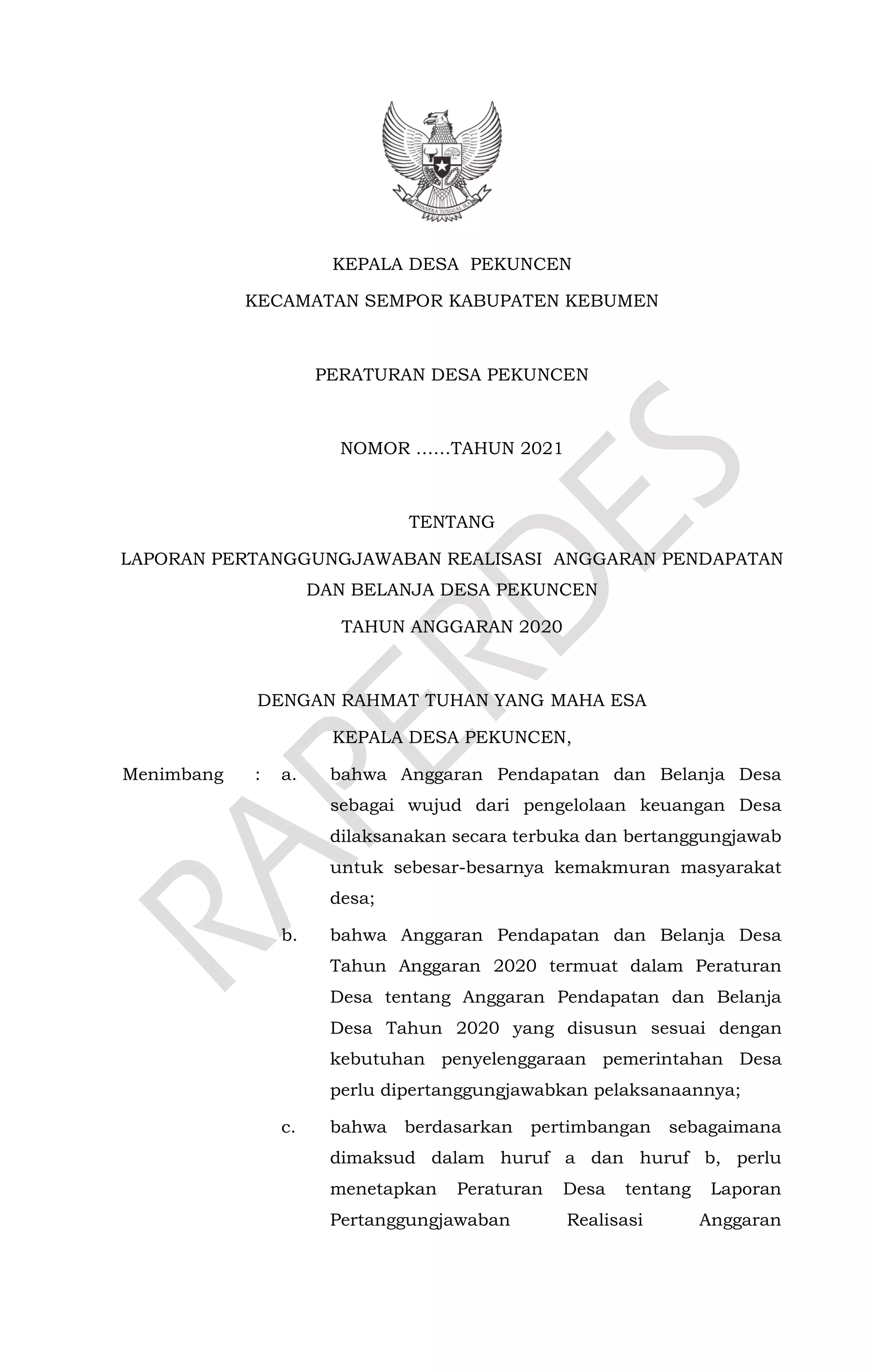 Rancangan Perdes Pertanggungjawaban Realisasi APB Desa 2021 | PDF