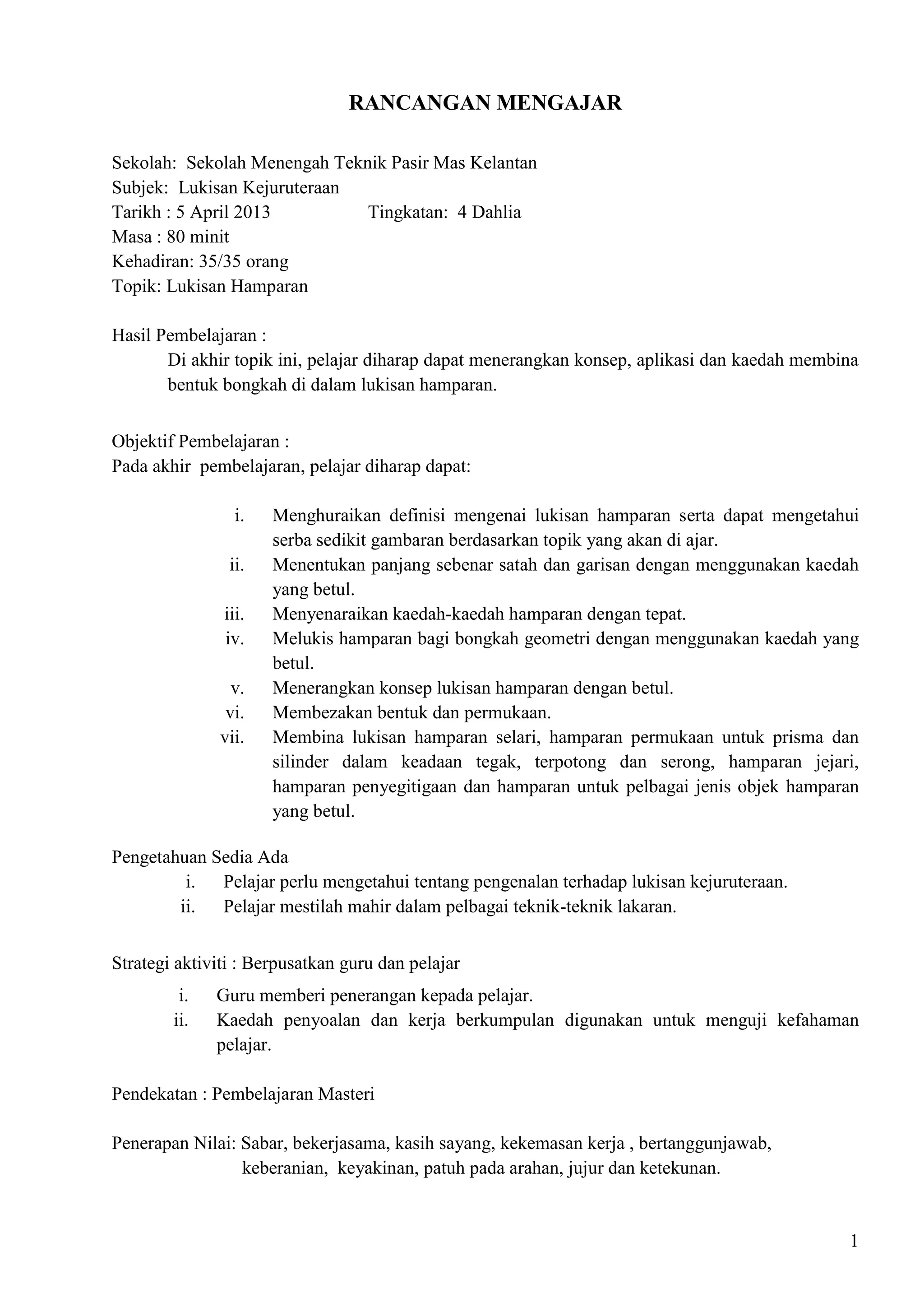 Rancangan mengajar berkonsepkan pengajaran masteri | DOCX