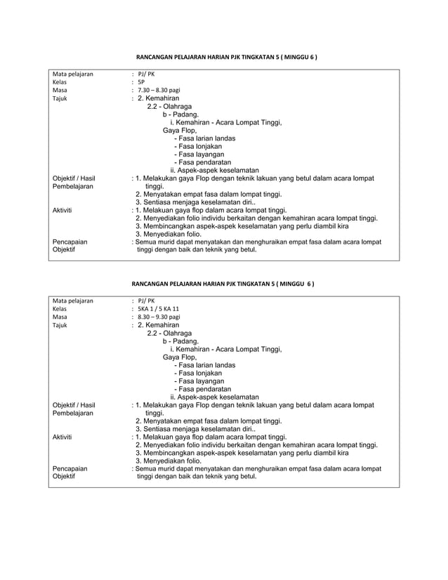 Rancangan pelajaran harian pjk tingkatan 5 (minggu 6 7 ) | DOC