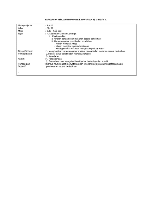 Rancangan pelajaran harian pjk tingkatan 5 (minggu 6 7 ) | DOC