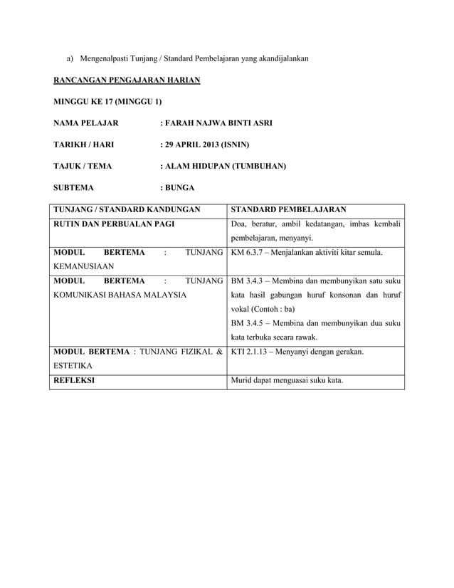 CONTOH RANCANGAN PENGAJARAN HARIAN | DOCX