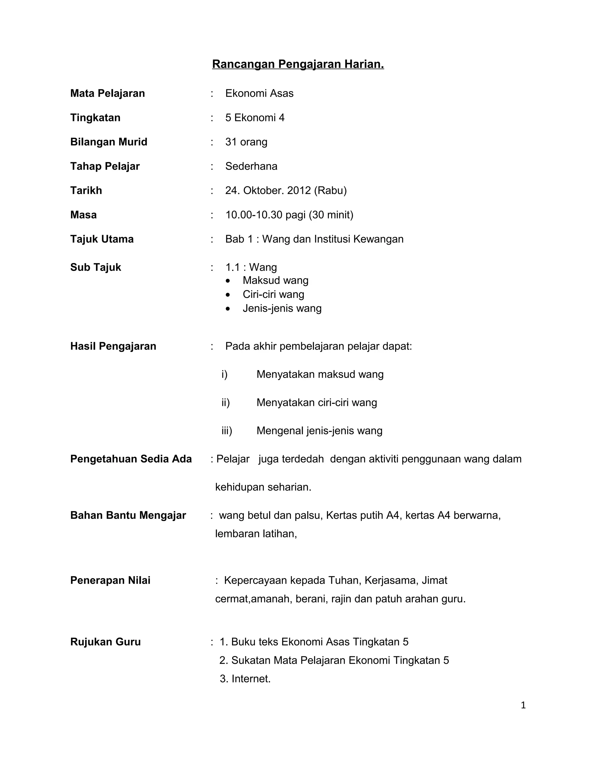 Rancangan pengajaran harian microteaching ekonomi asas form5 | DOC