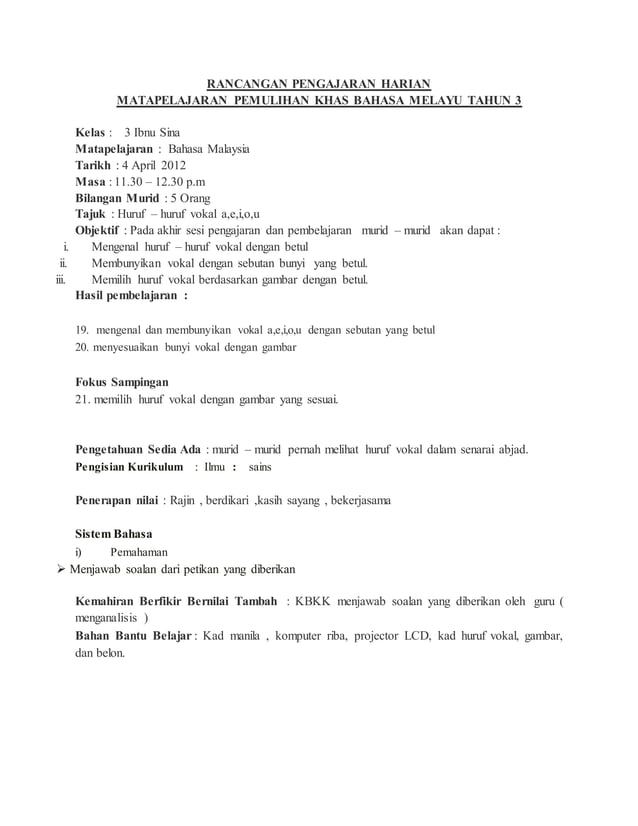 Rancangan pengajaran harian aeiou | DOCX