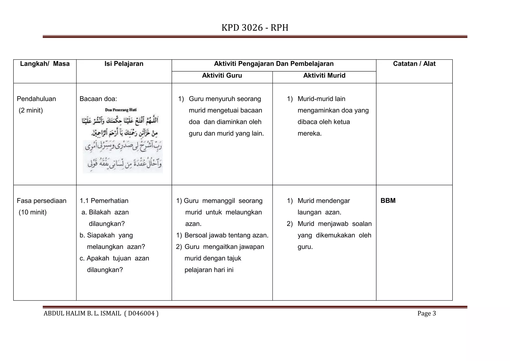 Rancangan pengajaran harian (amali solat) | DOCX