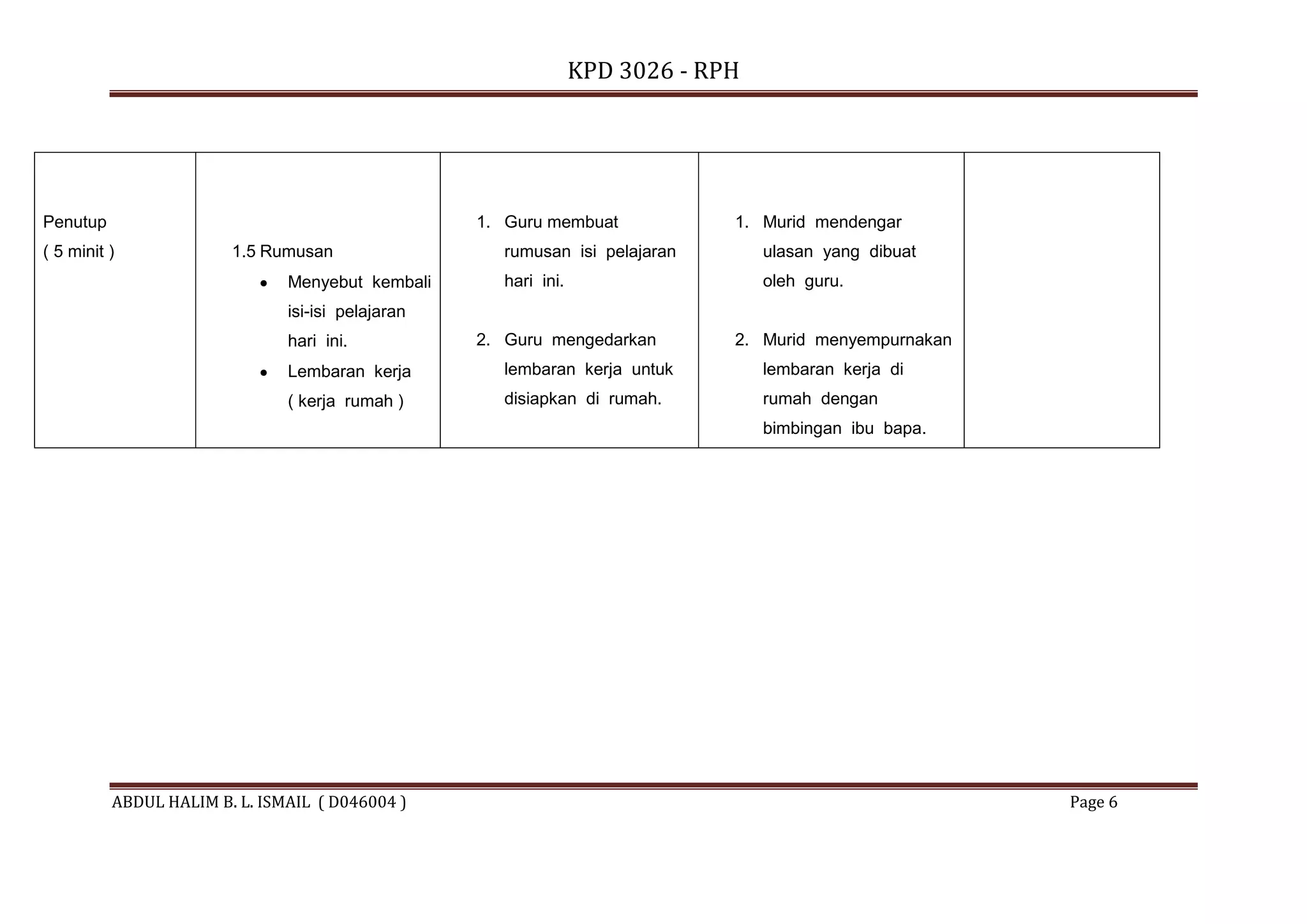 Rancangan pengajaran harian (amali solat) | DOCX