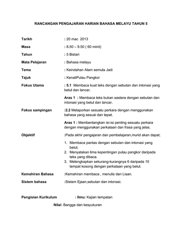 Rancangan pengajaran harian bahasa melayu tahun 5 | DOCX