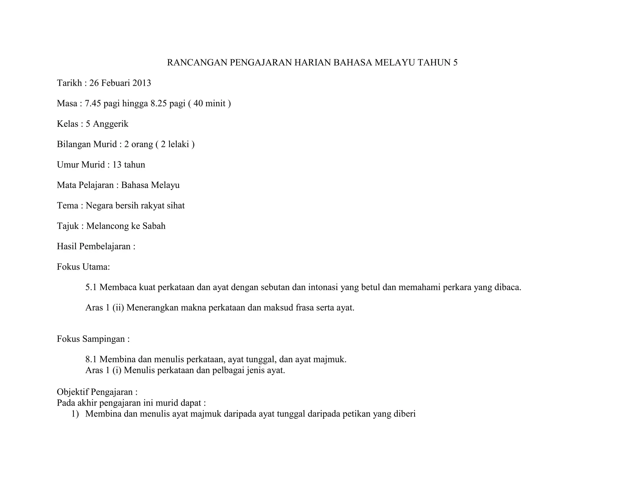 Rancangan pengajaran harian bahasa melayu tahun 5 (3) | PPT