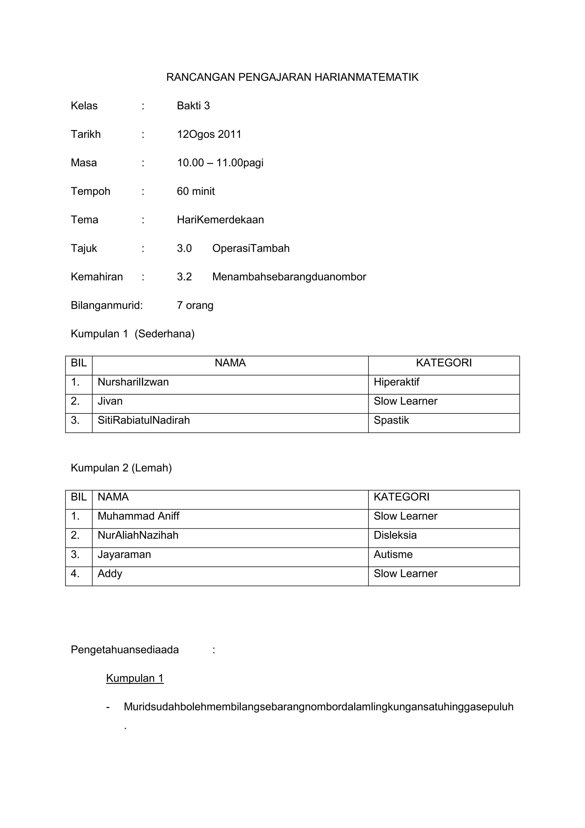 Rancangan pengajaran harian g3 rabu bm | DOCX