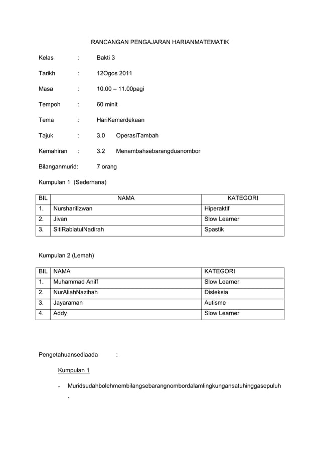 Rancangan pengajaran harian g3 rabu bm | PDF
