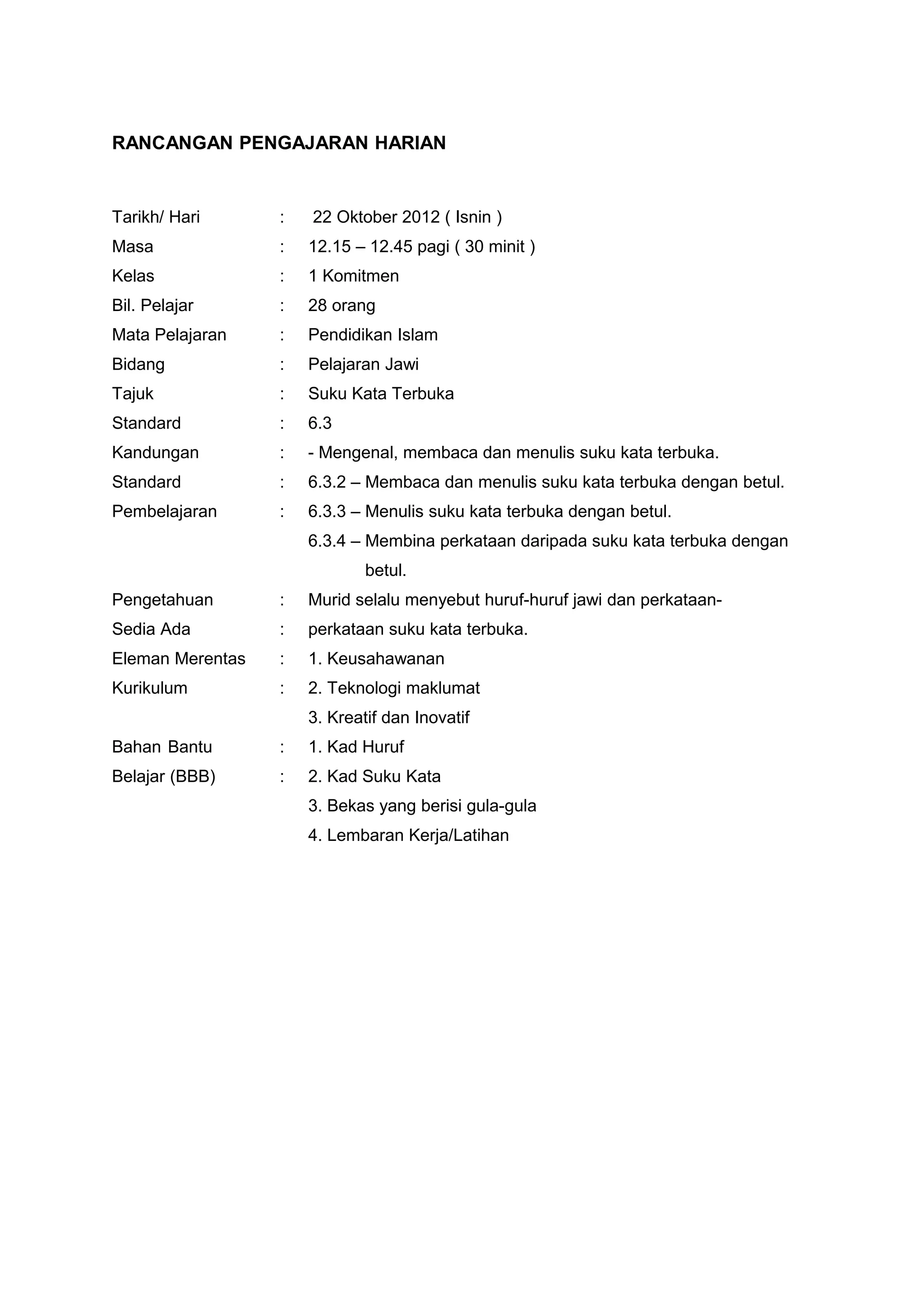 Rancangan pengajaran harian jawi tahun 1 | PDF