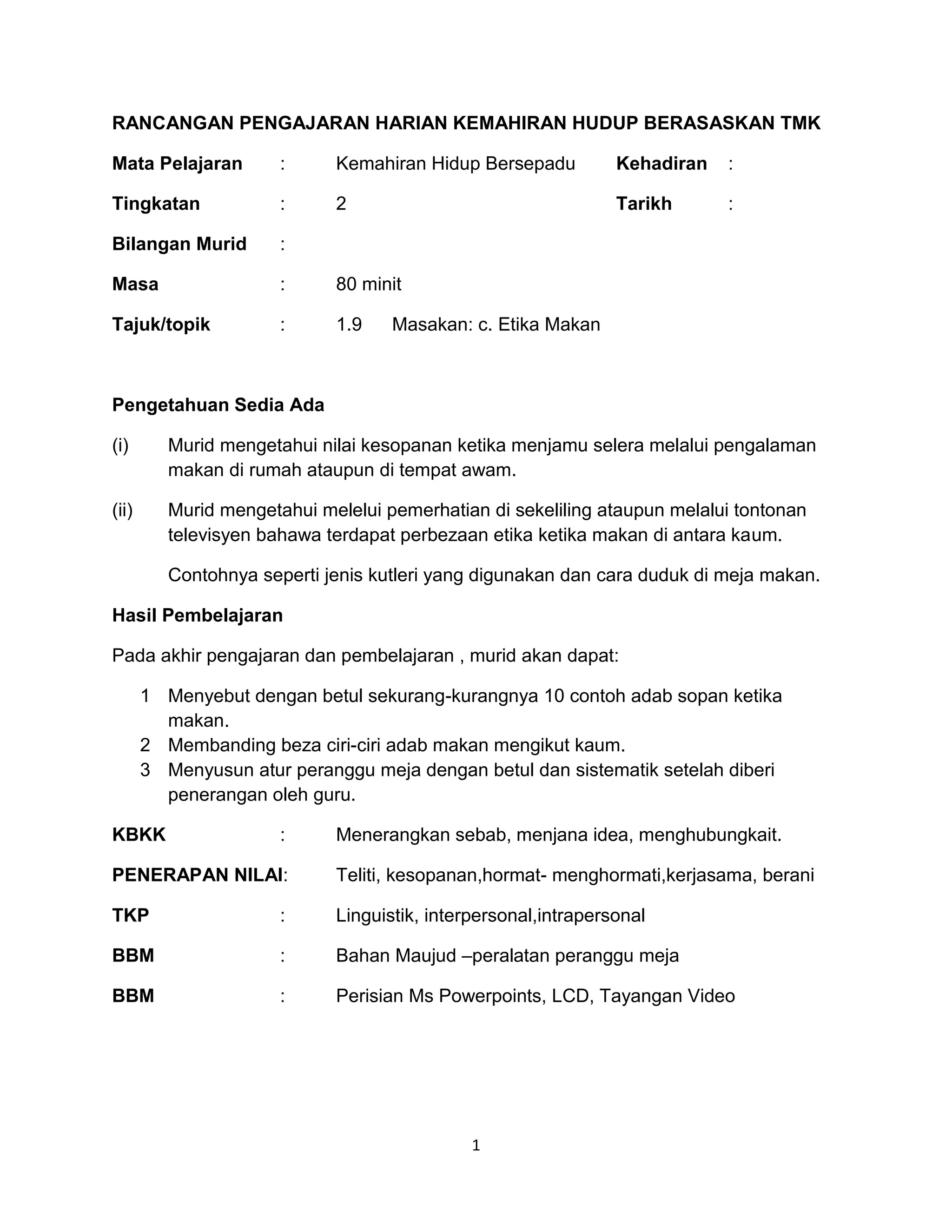 Rancangan pengajaran harian kemahiran hudup berasaskan tmk | DOCX