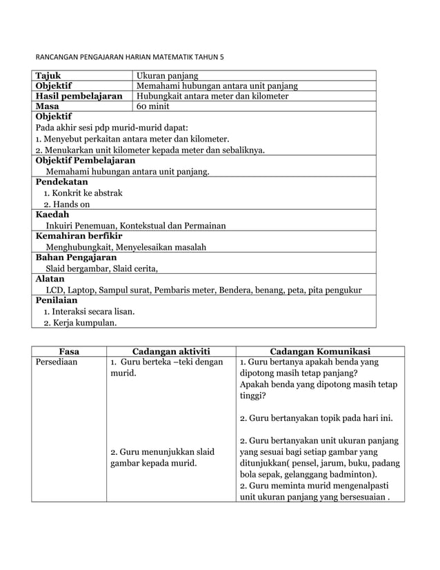 Rancangan pengajaran harian matematik tahun 5 | PDF