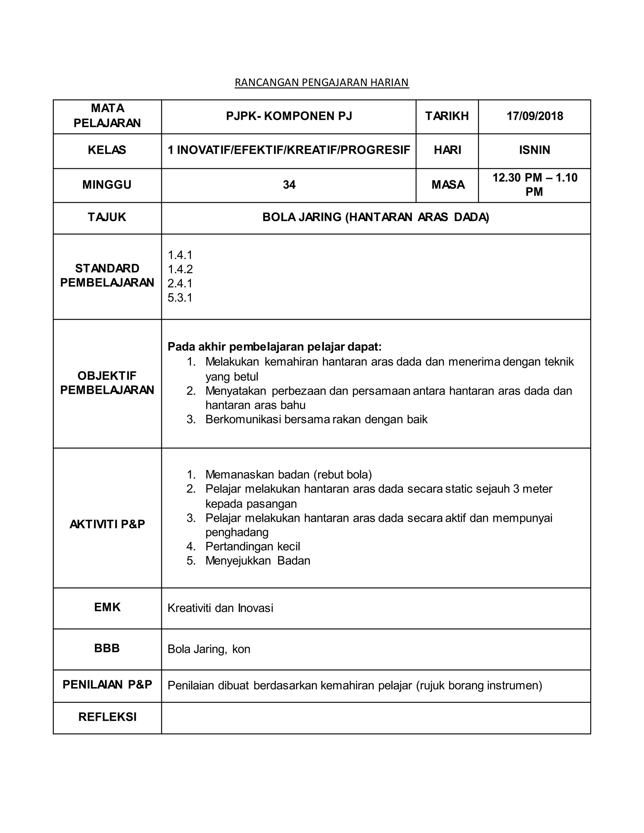 Rancangan pengajaran harian pjk 1 2018 minggu 33 | DOC