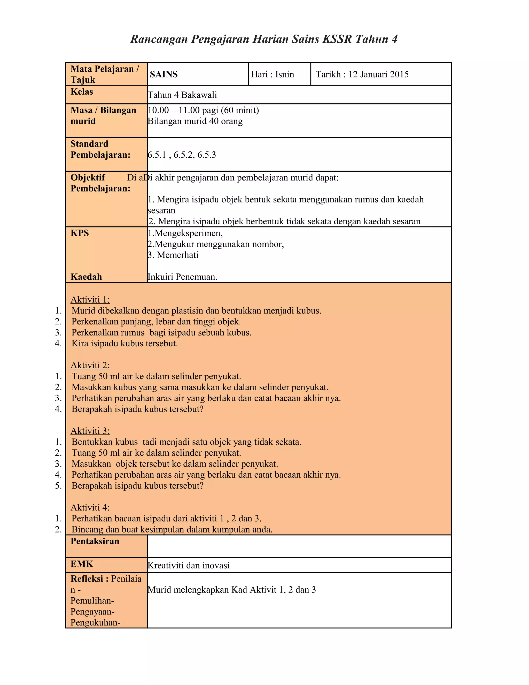 Rancangan pengajaran harian sains kssr tahun 4 | PDF