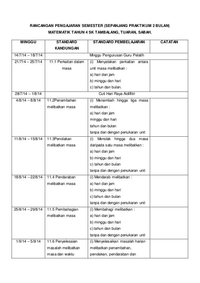 Rancangan pengajaran semester matematik